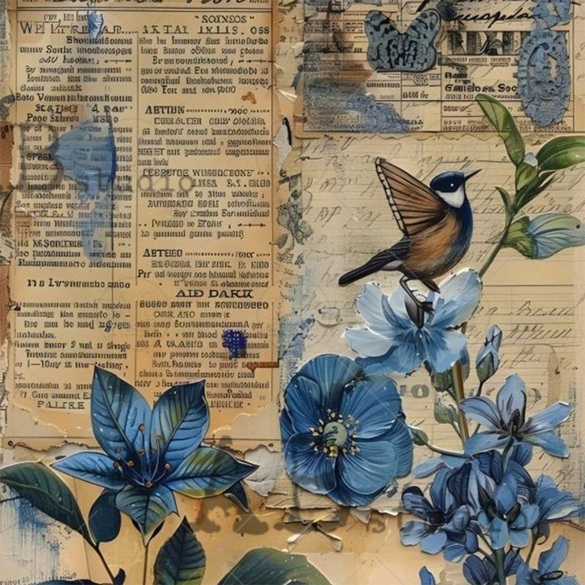AB Studio - Blue Paper Collage Decoupage Paper (A4 Size) | Maika Daughters